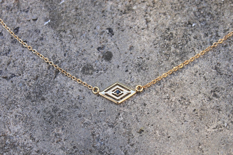 Geometric Gold Diamond Necklace // Black Stone Rhombus Choker // Dainty ...