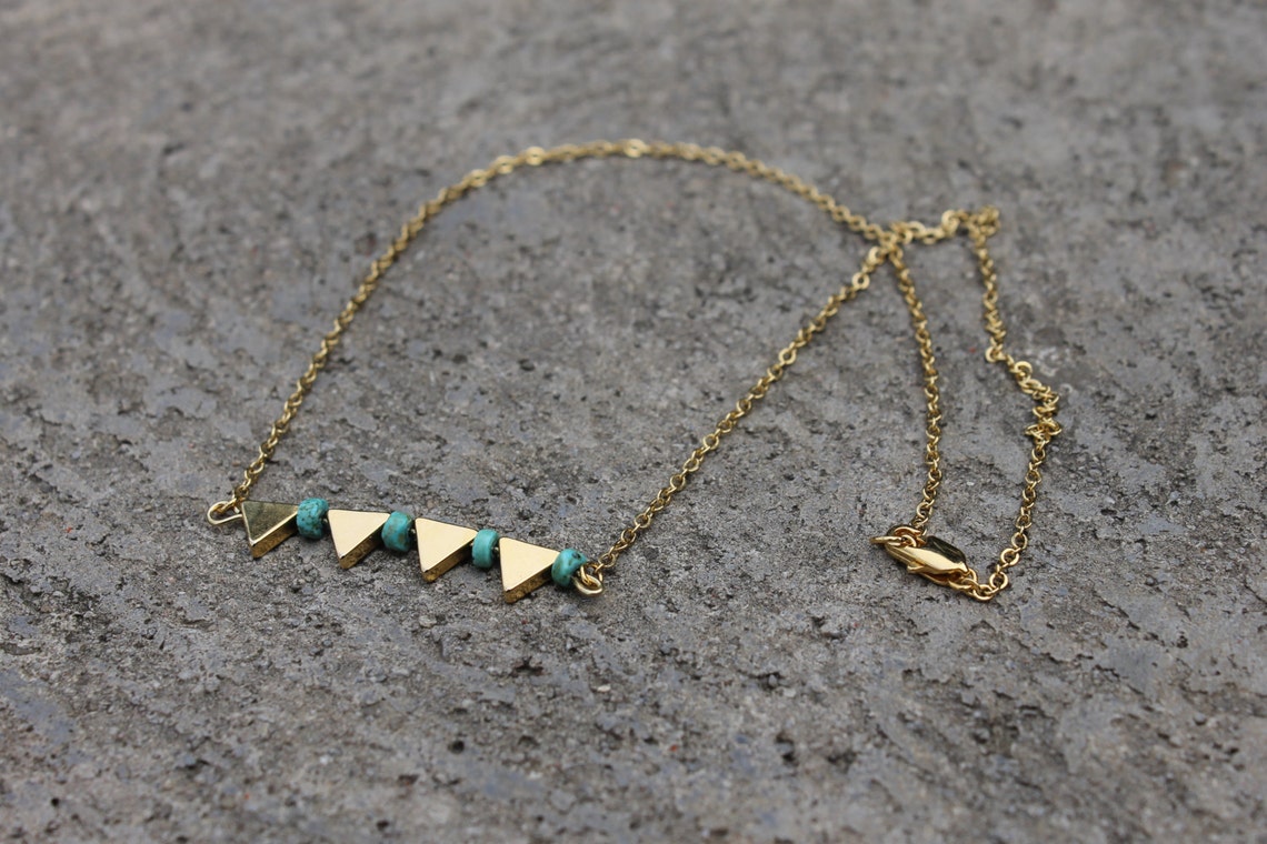Triangle and Turquoise Stone Bar Necklace // 16K Gold // - Etsy