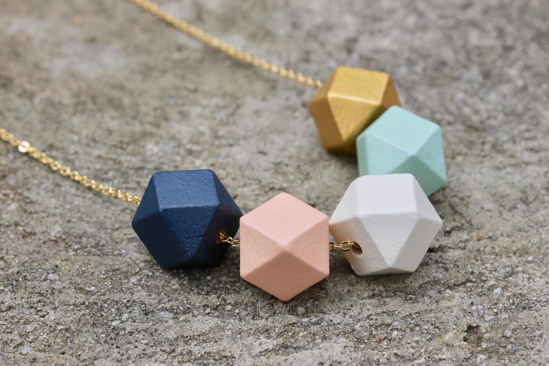 Geometric Wood Necklace // Navy Peach Mint Gold Faceted Wooden Bead ...