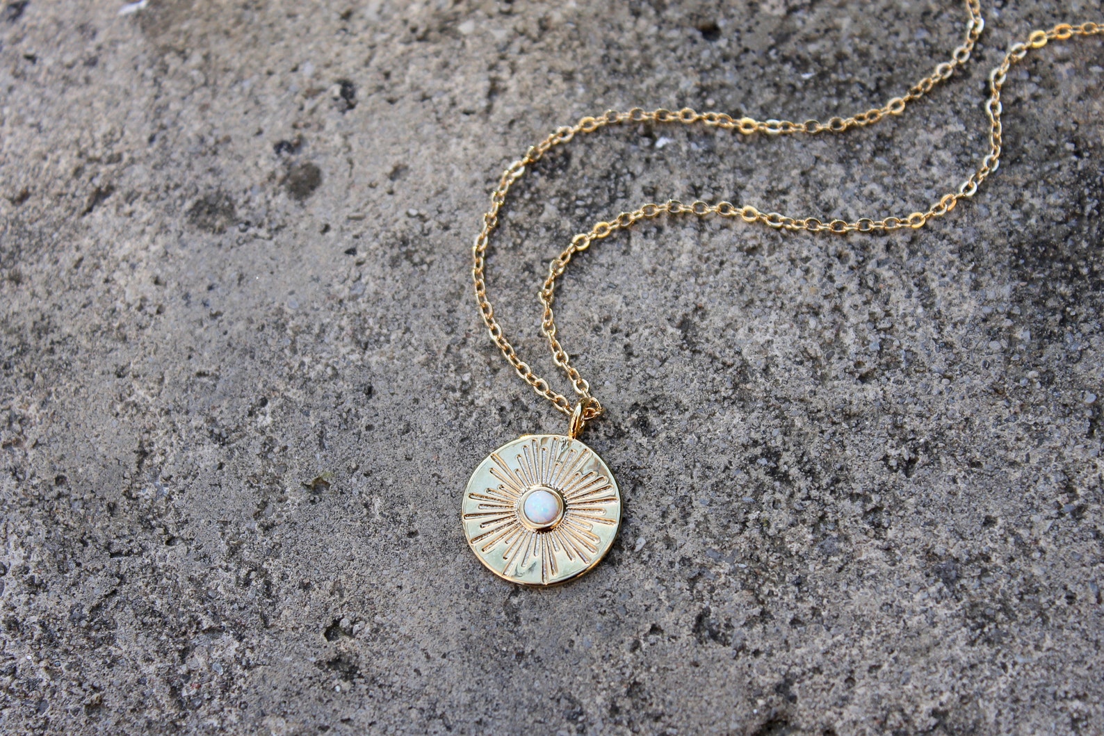 Opal Gold Disc Necklace // Starburst Stone Necklace // Opal Birthstone ...