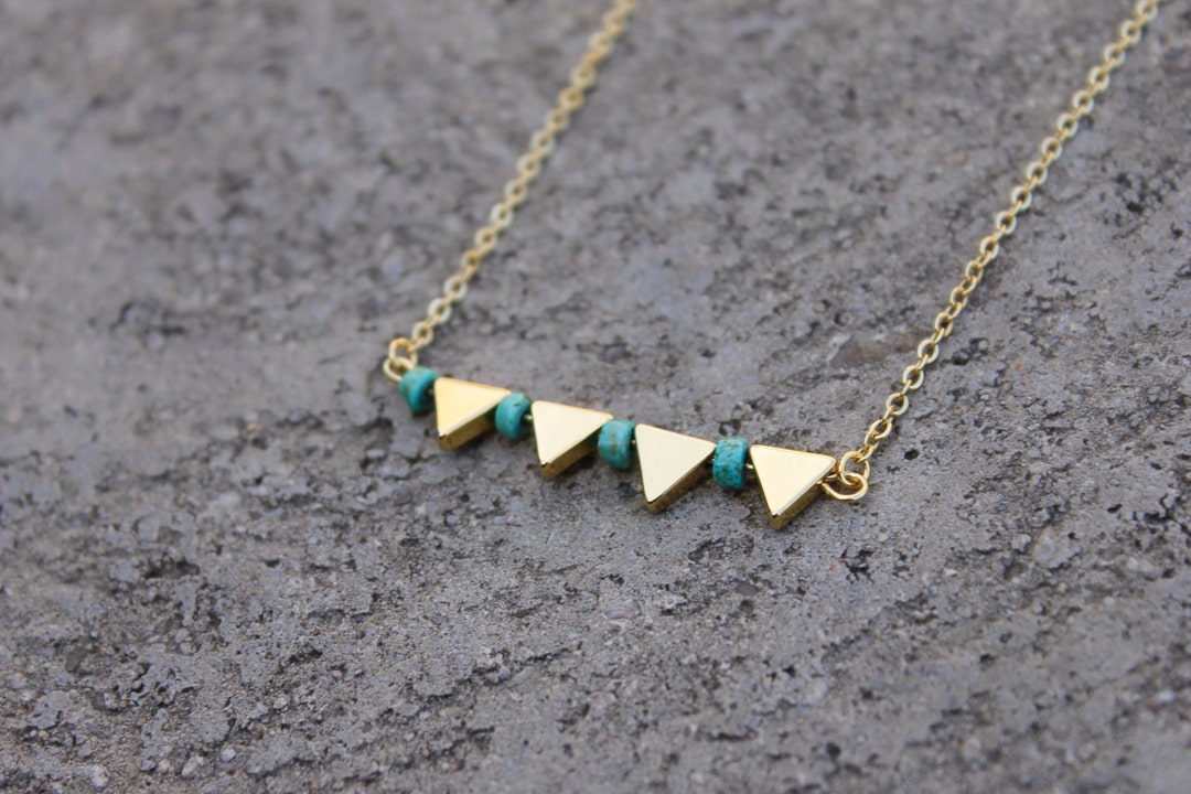 Triangle and Turquoise Stone Bar Necklace // 16K Gold // Minimal ...