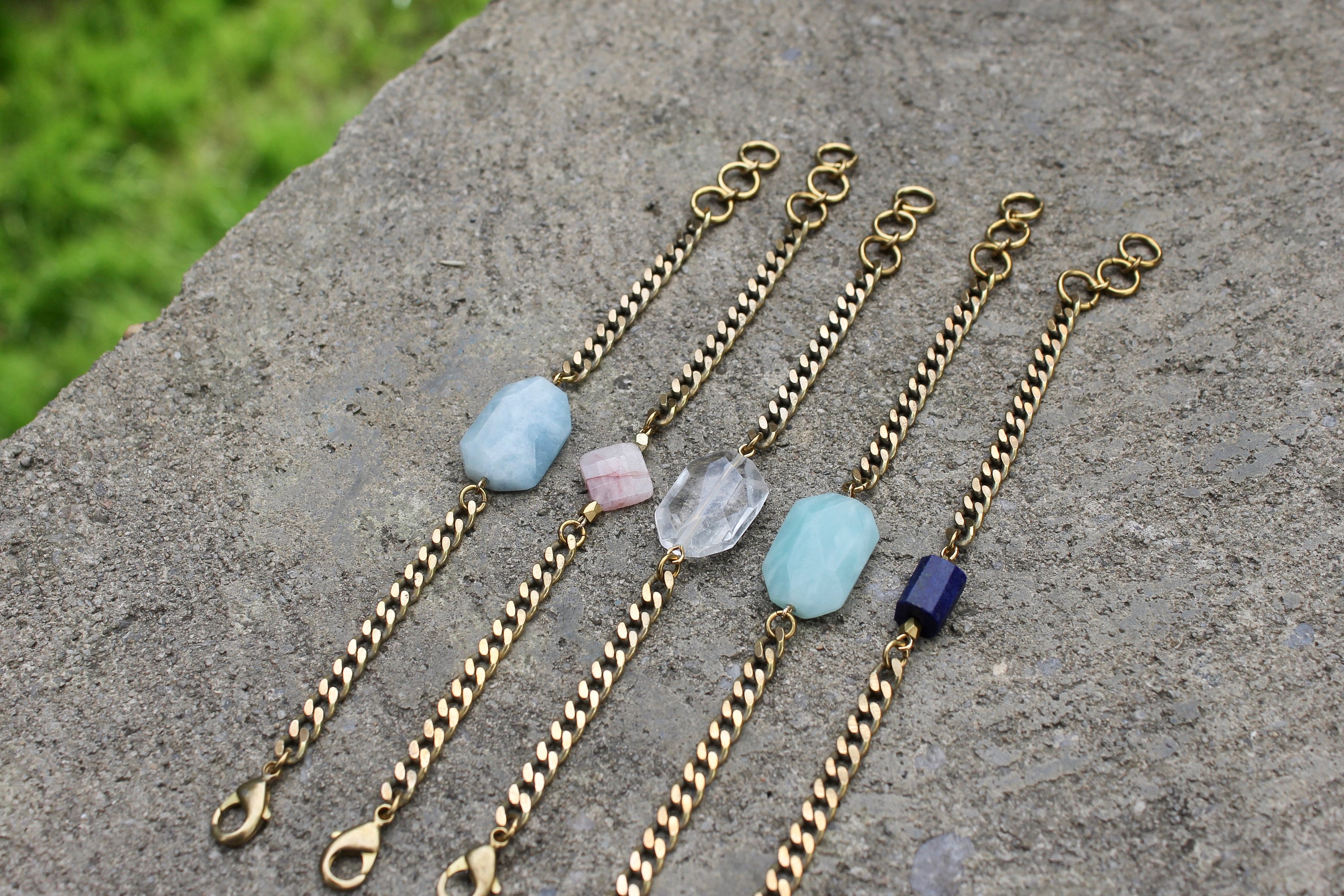 Gemstone Bracelets // Chunky Brass Chain // Lapis Crystal | Etsy