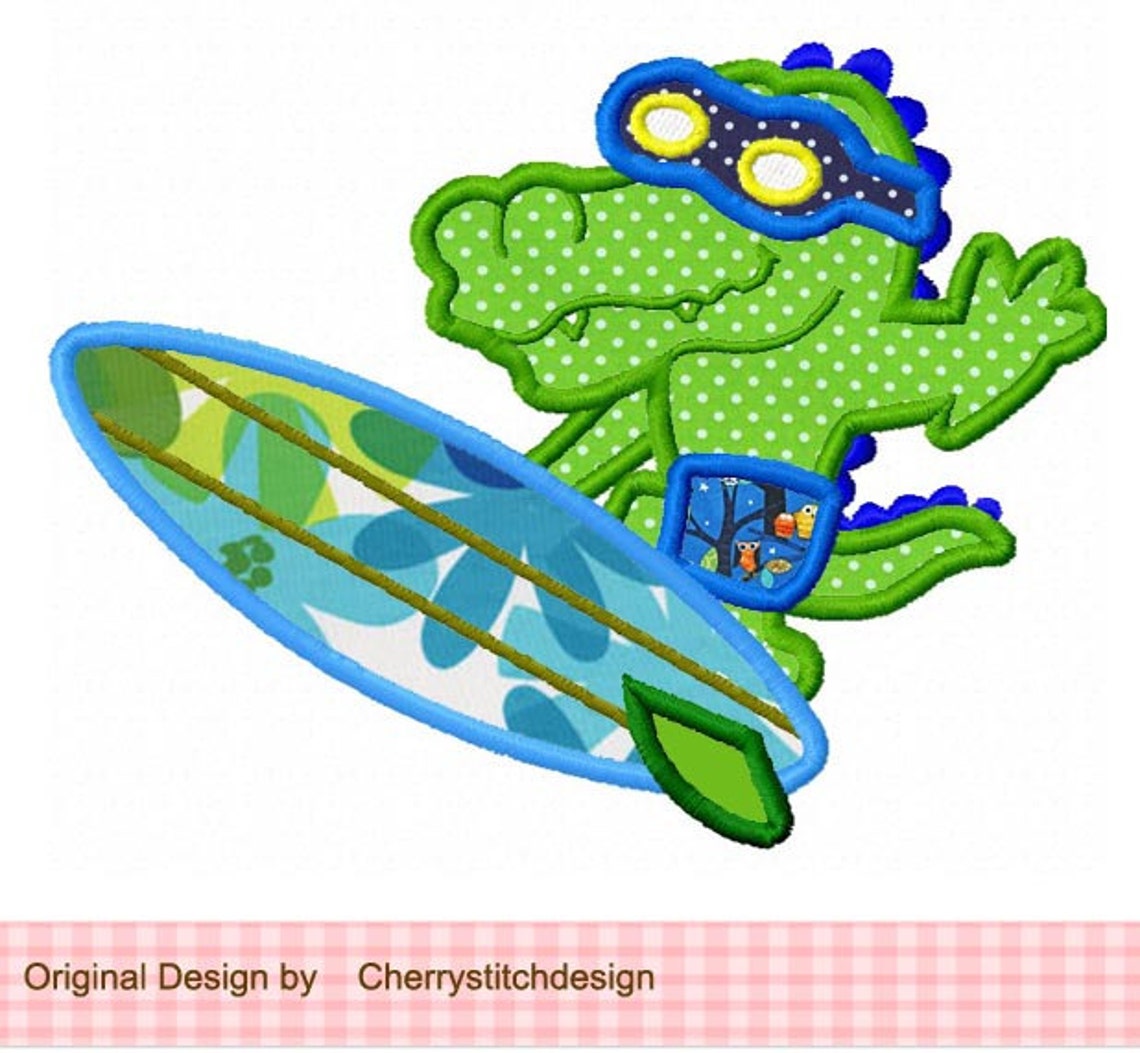 Surfing Alligator Machine Embroidery Applique Design 5x7 6x10 | Etsy