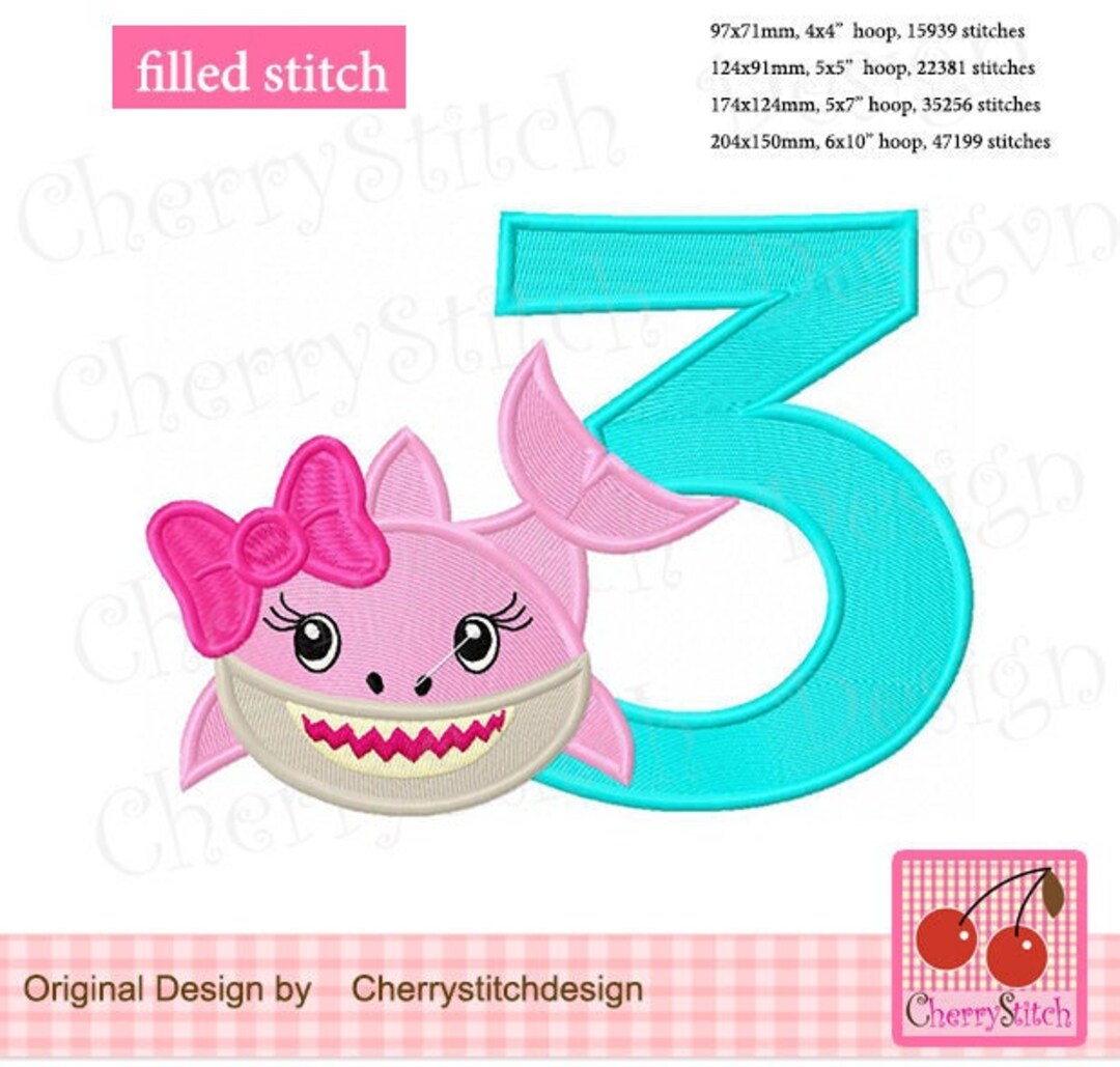 Shark Filled Stitch, Shark Number 3, Birthday Number 3 Machine ...