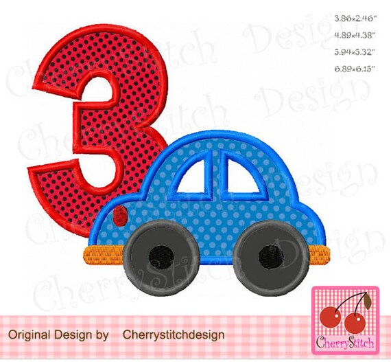 Car number 3 Birthday Machine Embroidery Applique Design | Etsy