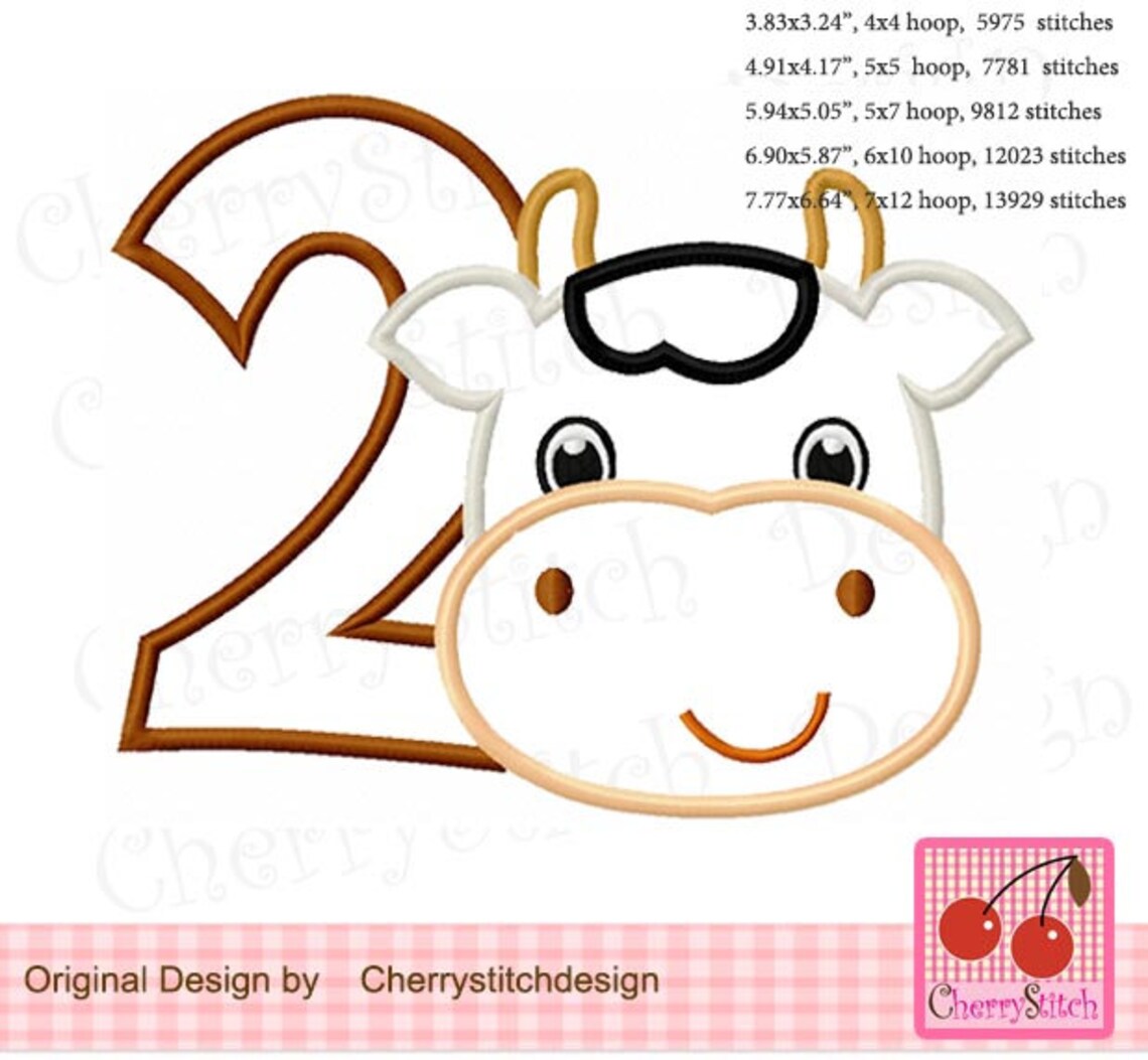 Cow Birthday Number 2 Machine Embroidery Applique ND79 | Etsy