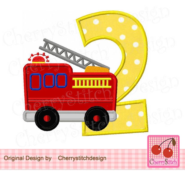 Fire Truck number 2 Birthday Embroidery applique 4x4 5x5 | Etsy
