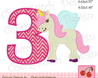 Cute Rainbow Unicorn Embroidery Design With Applique Number 3, Baby ...