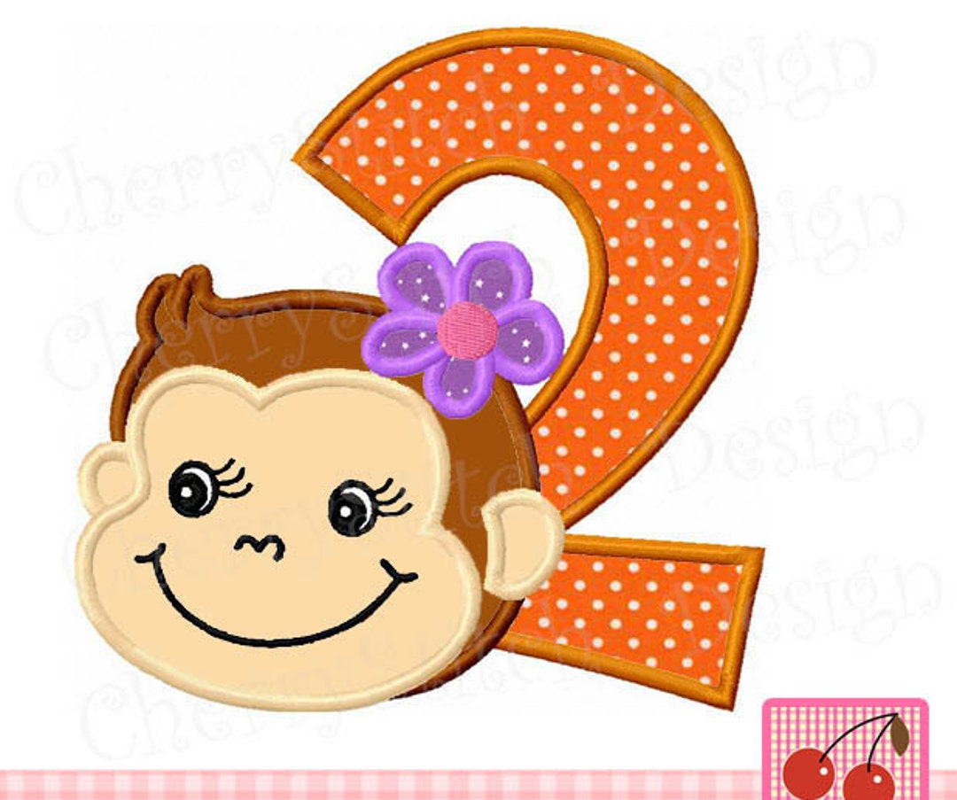 Birthday Embroidery, Monkey Number 2 Machine Embroidery Applique - Etsy