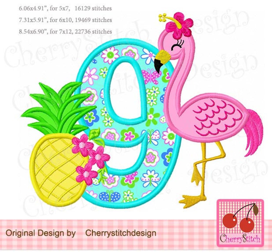 Flamingo Pineapple Number 9, Birthday Number 9 Machine Embroidery ...