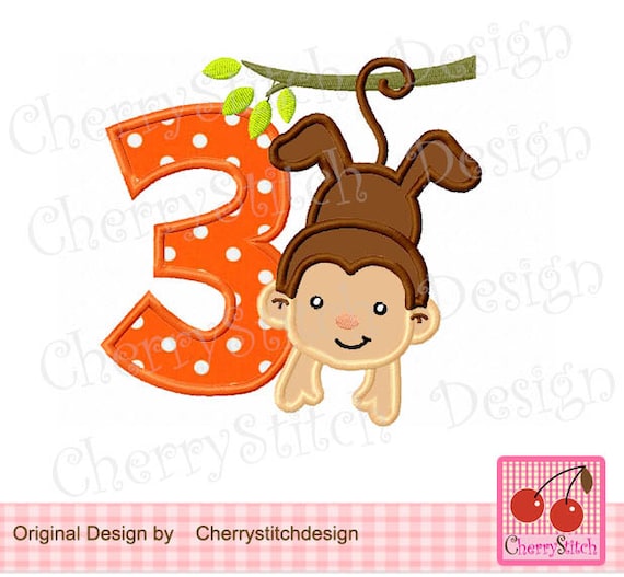 Monkey Number 3 Birthday Machine Embroidery Applique Design | Etsy