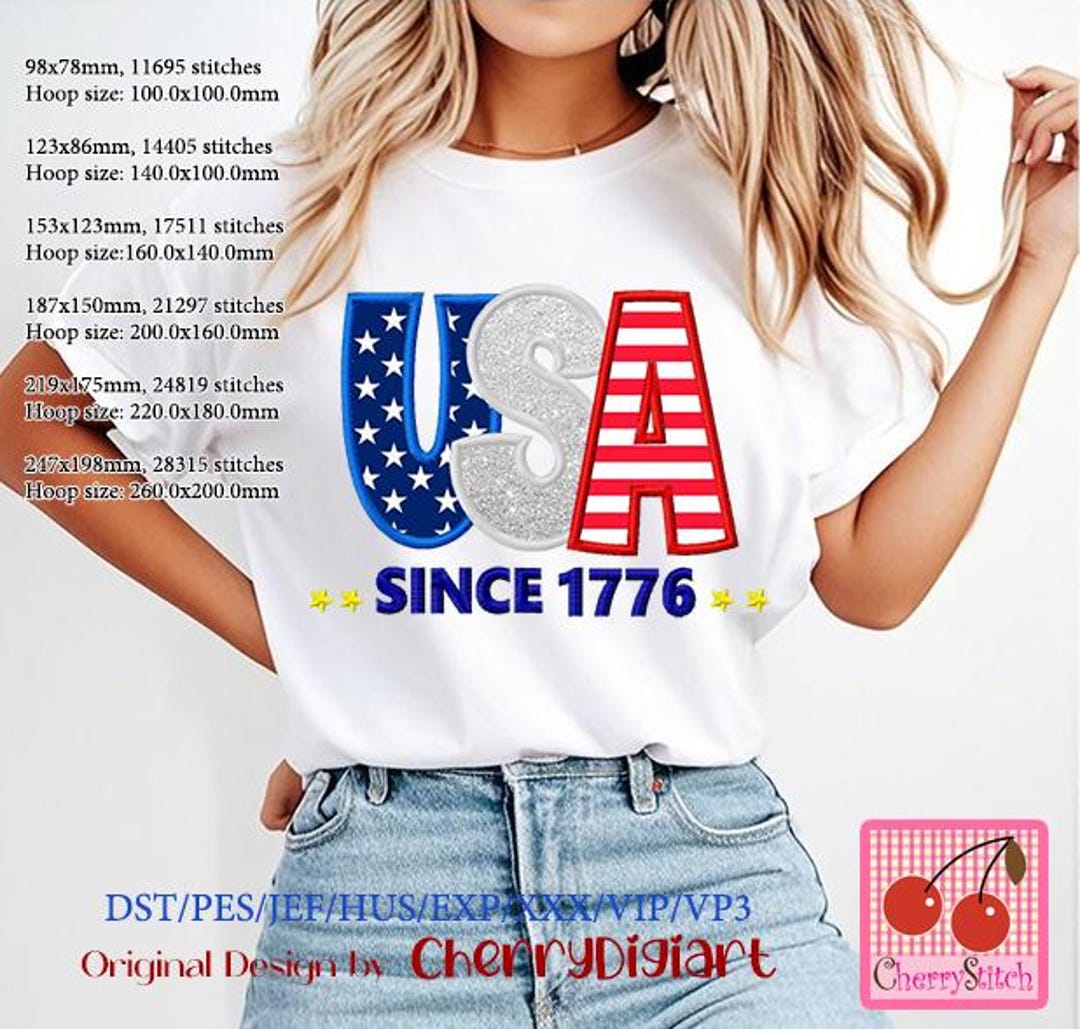 USA 1776 Independence Day Applique Pattern - Patriotic Embroidery ...