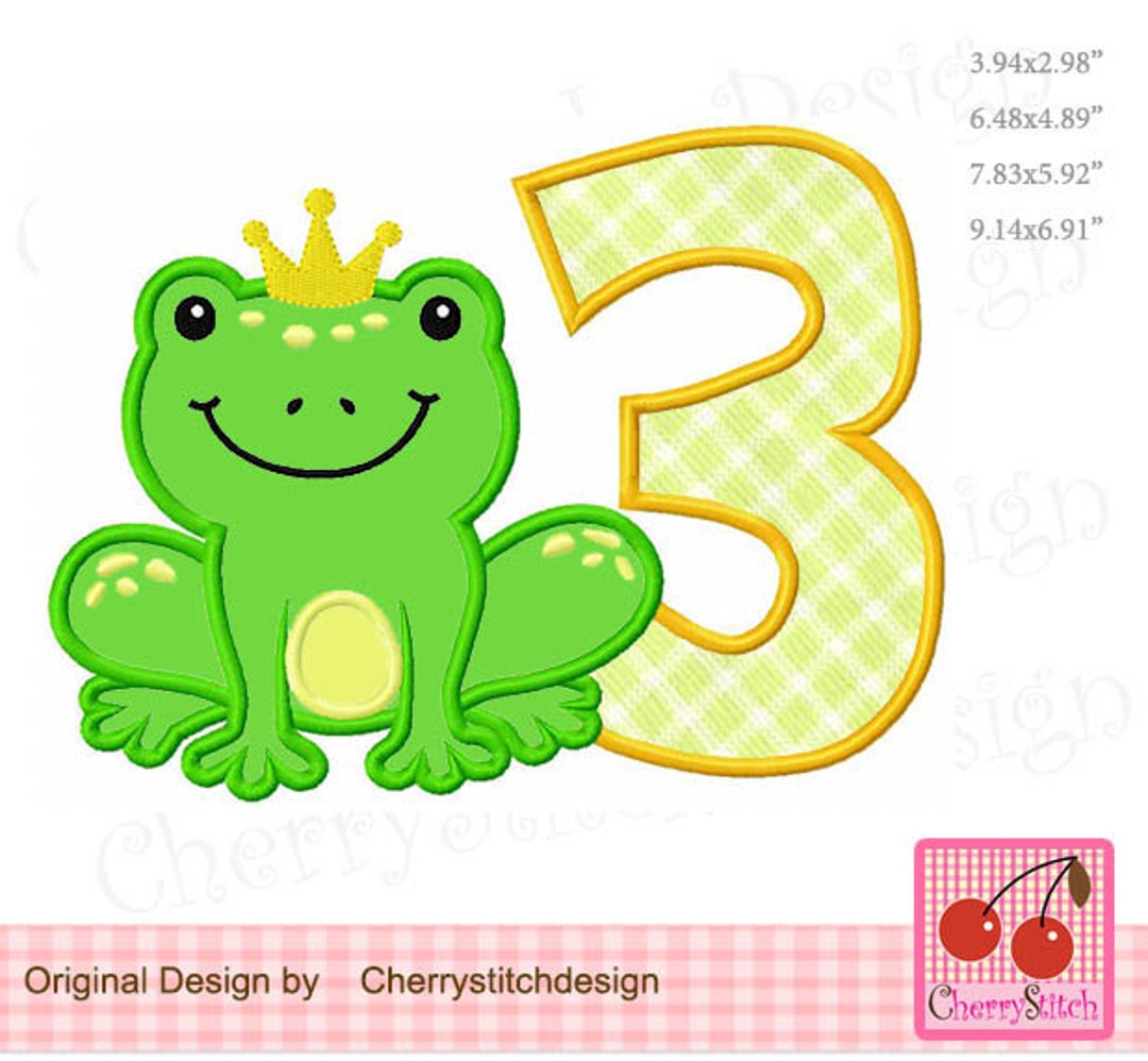 Frog Prince Frog Birthday Number 3 Machine Embroidery Applique Design ...