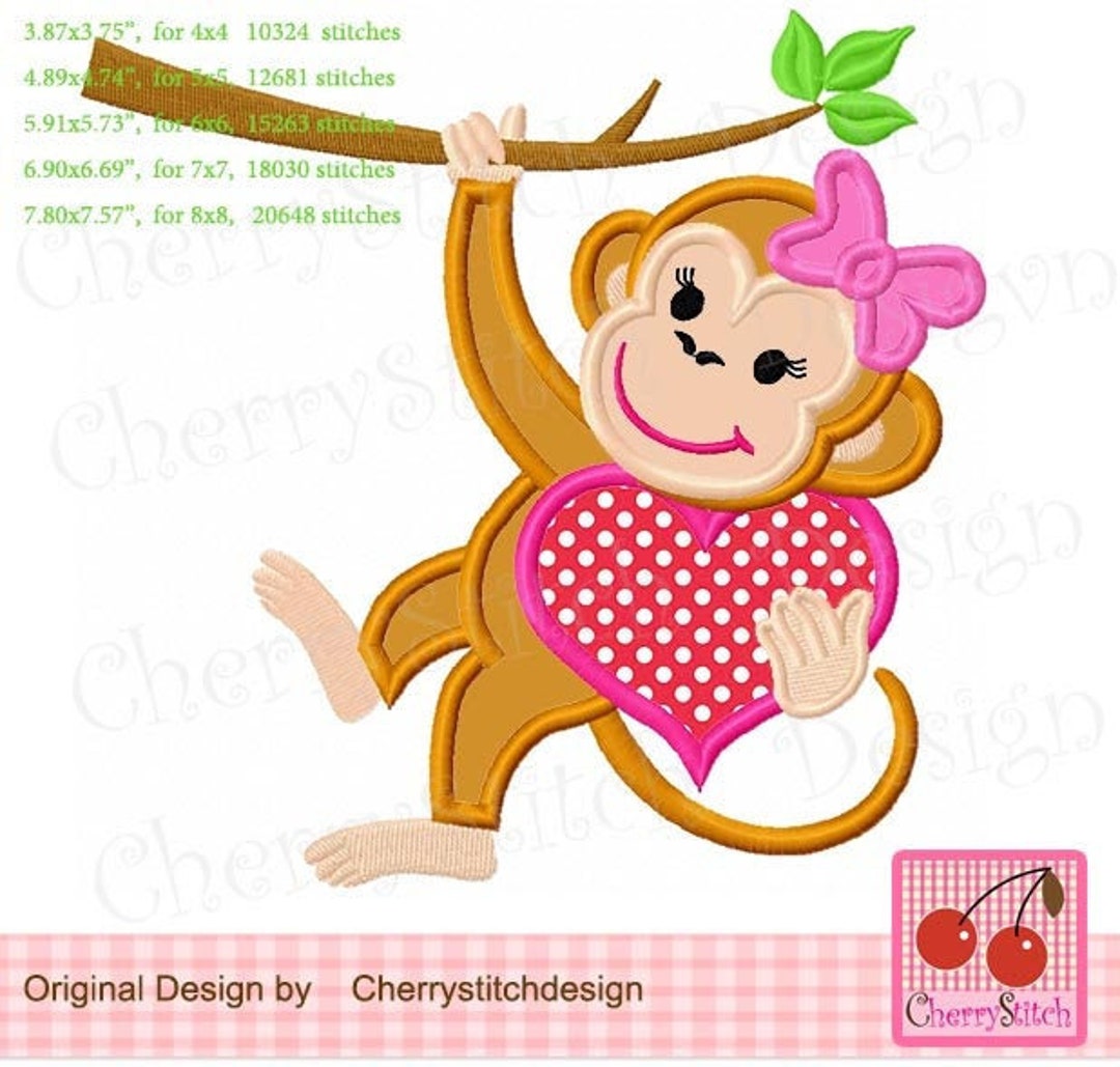 Valentine's Day Monkey With Heart Machine Embroidery Applique VTD97 - Etsy