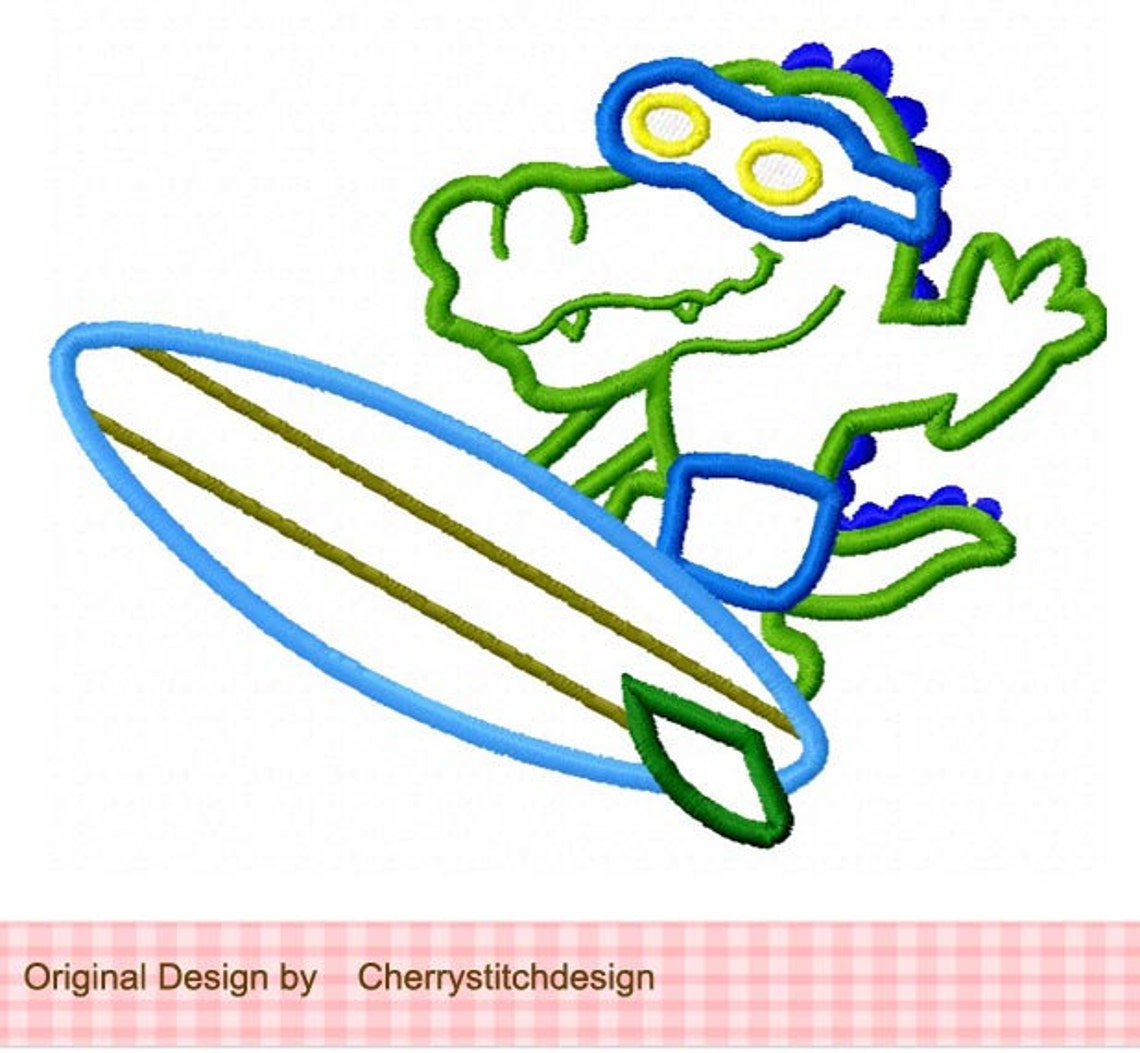 Surfing Alligator Machine Embroidery Applique Design 5x7 6x10 | Etsy