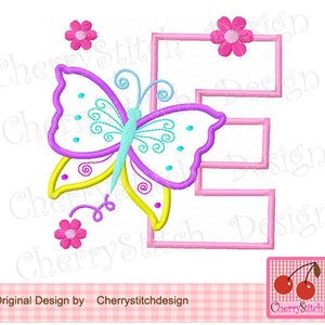 Butterfly Monogram E Letter E Upper Case Machine Embroidery Applique ...