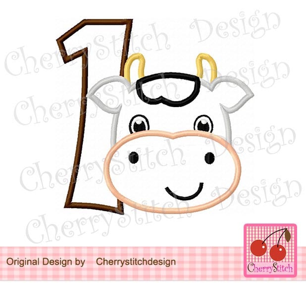 Cow Birthday number 1 machine embroidery applique 4x4 | Etsy