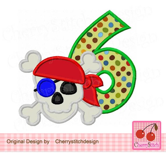 Pirate Skull Number 6 Birthday Machine Embroidery Applique | Etsy