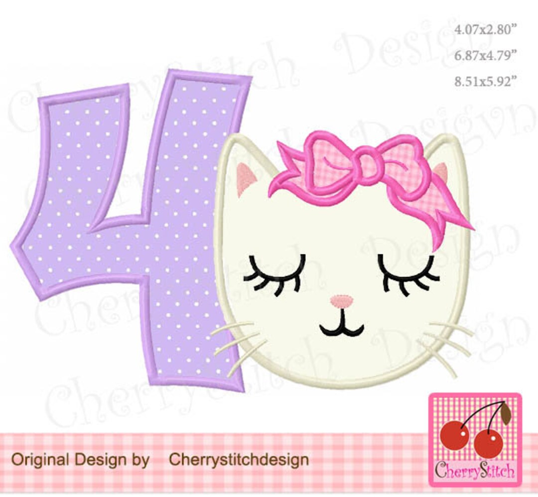Cat Number 4 Kitty Cat Birthday Machine Embroidery Applique - Etsy
