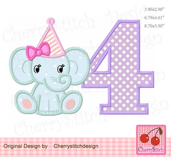 Elephant Number 4 Birthday Embroidery Applique BIR0234 - Etsy
