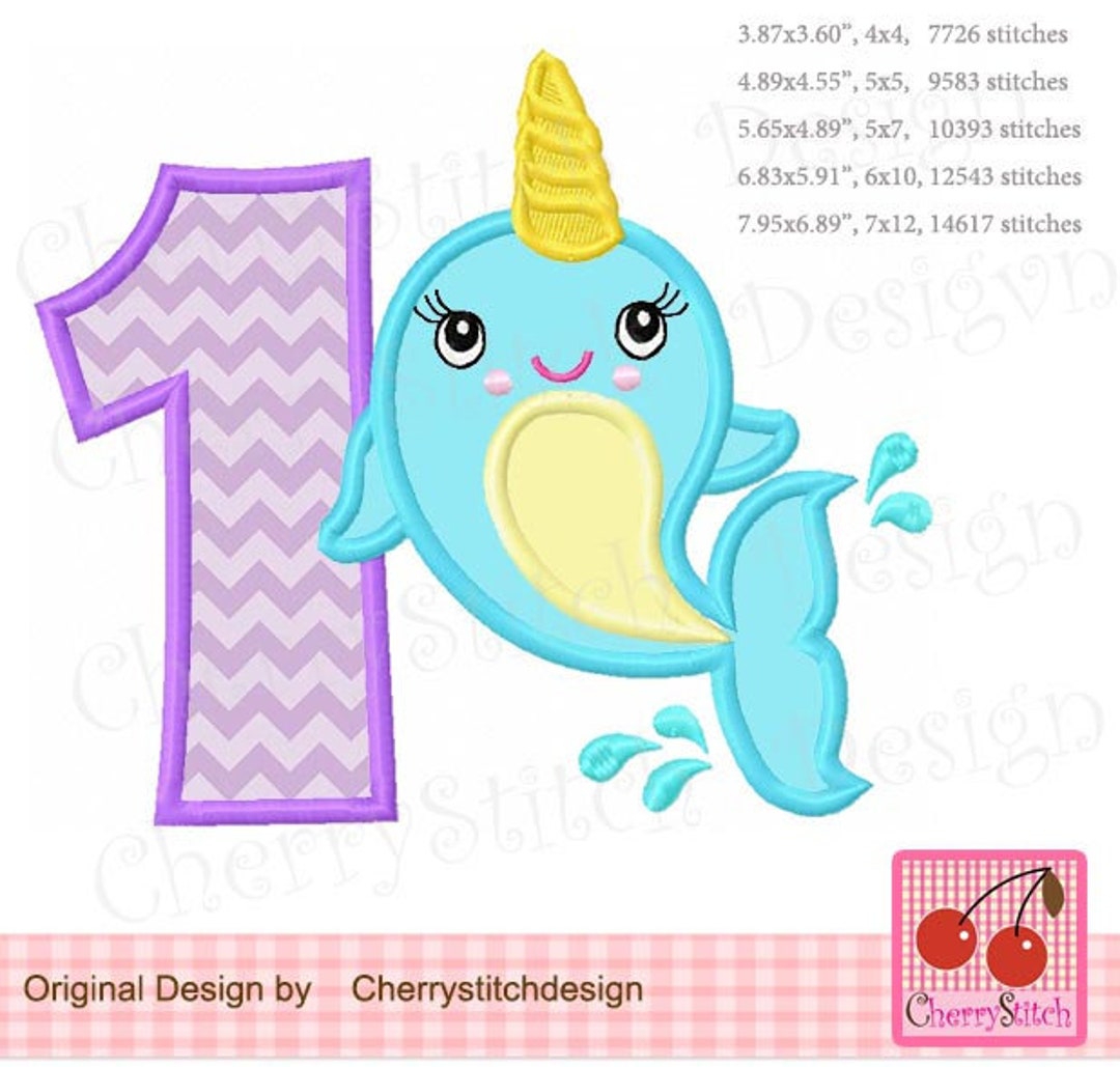 Narwhal Number 1 Birthday Applique Design (machine Embroidery) - Etsy