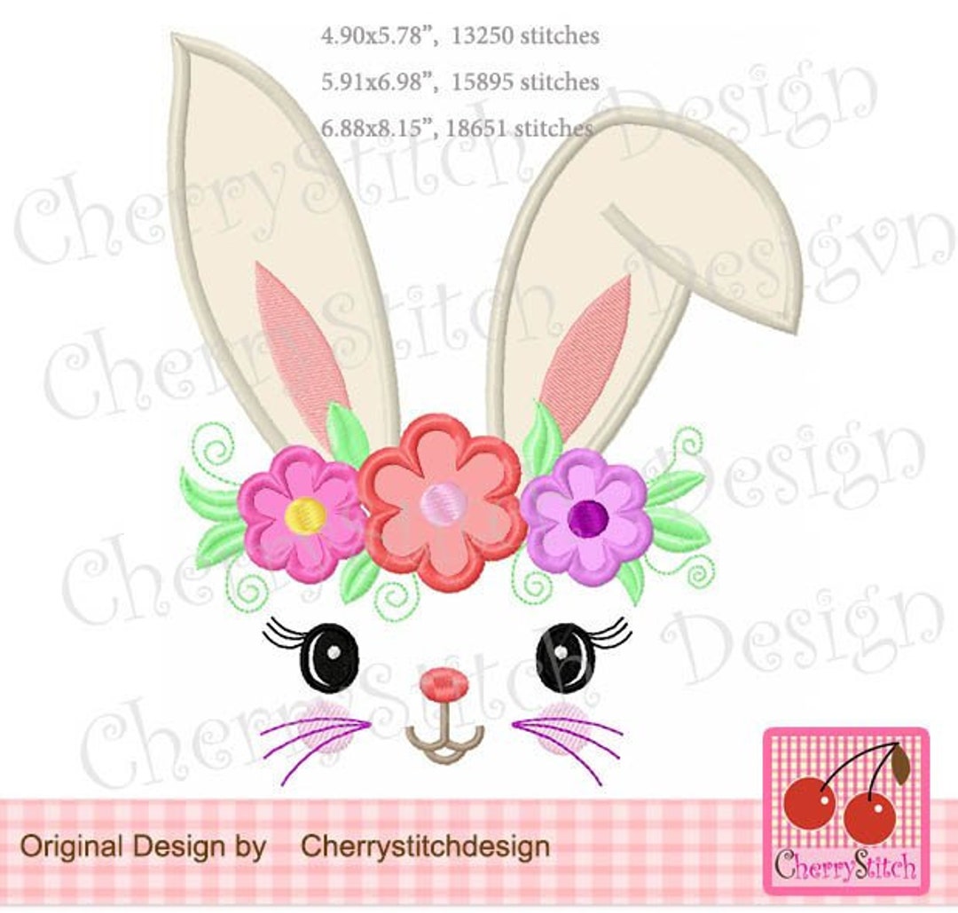 Embroidery Bunny Face, Bunny With Flowers Machine Embroidery Applique ...