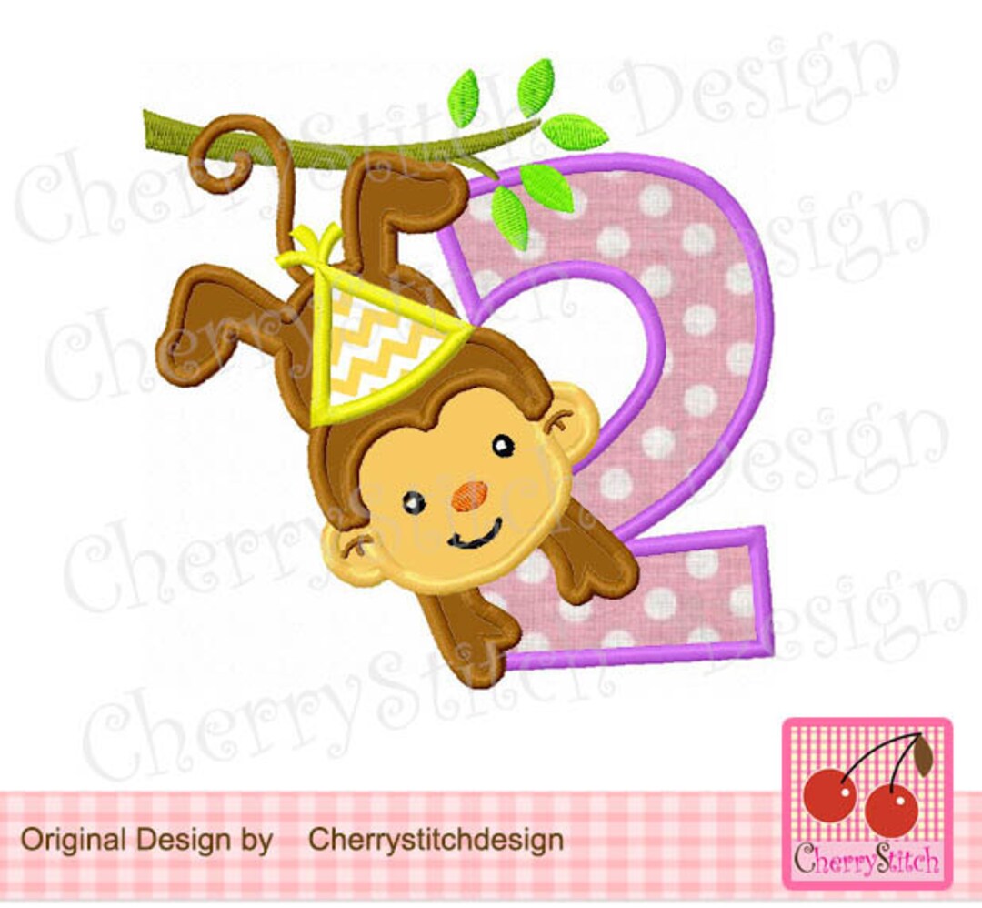 Monkey Number 2 Birthday Monkey Embroidery Applique -4x4 5x5 6x6" - Etsy