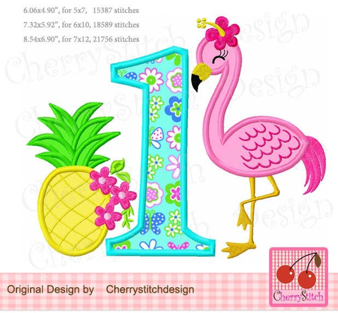 Flamingo Pineapple Number 1 Applique: Birthday Embroidery Design (5x7 ...