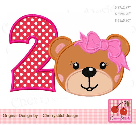 Bear Girly Bear Birthday Number 2 Machine Embroidery Applique - Etsy