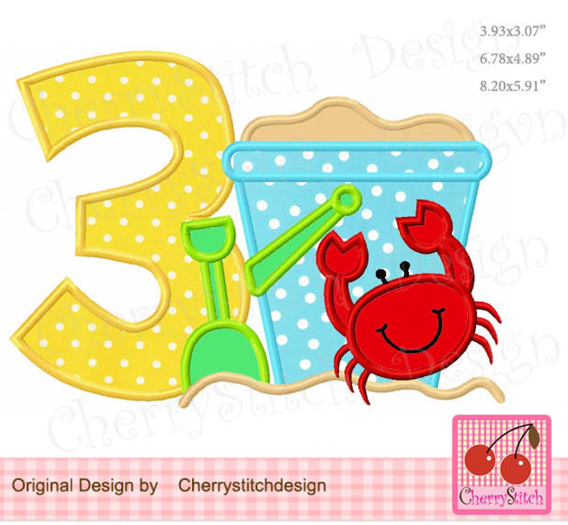 Beach Bucket Number 3 Birthday Number 3 Machine Embroidery | Etsy