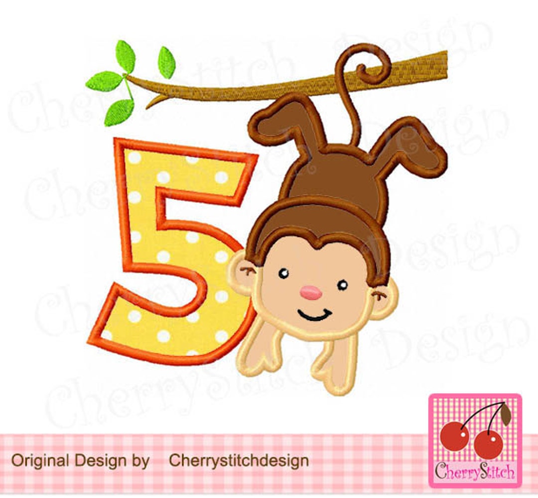 Monkey Number 5 Birthday Machine Embroidery Applique - Etsy