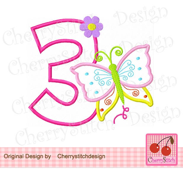 Butterfly Number 3 Birthday Embroidery Applique 4x4 5x5 - Etsy