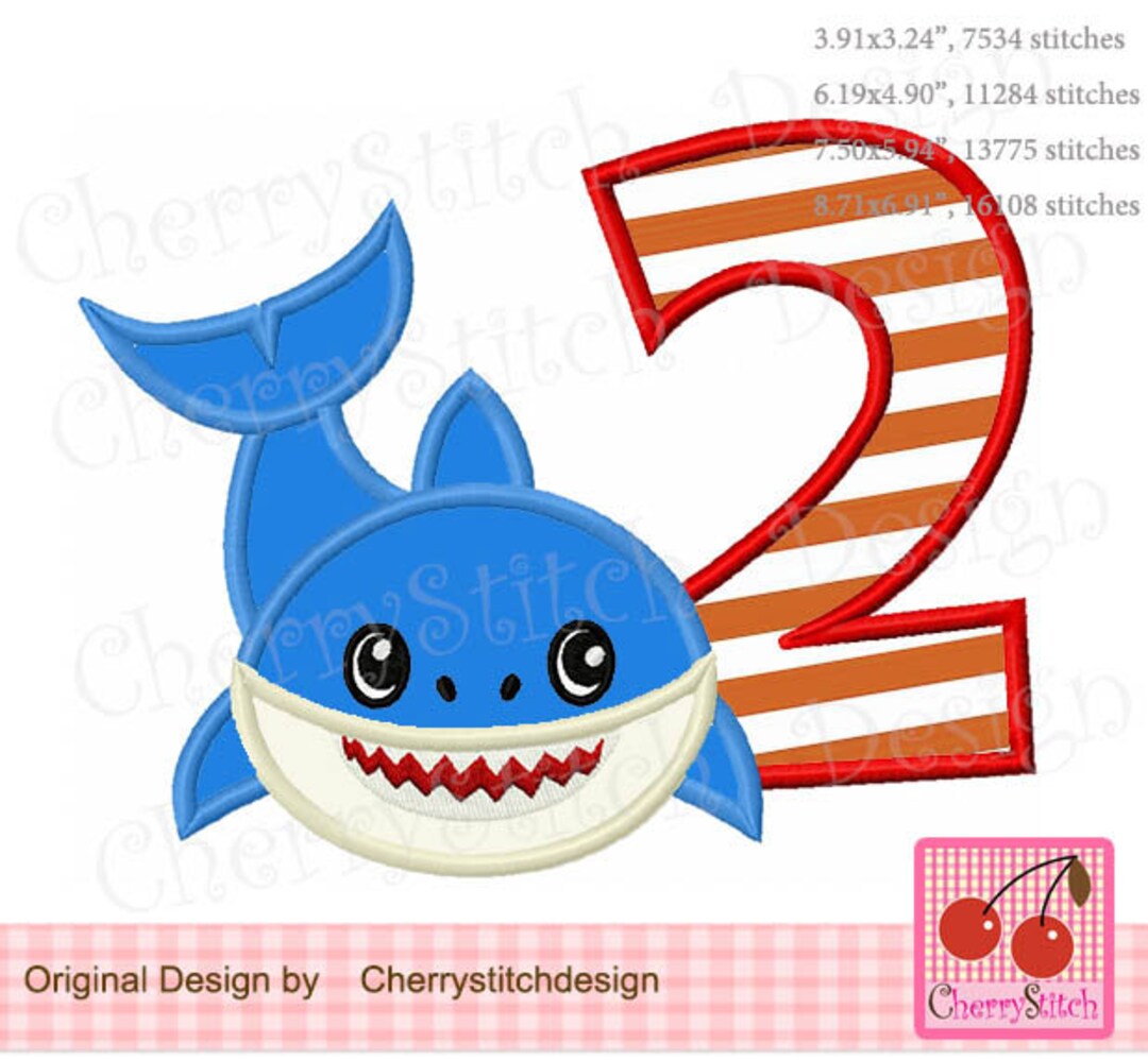 Shark Applique Shark Boy Birthday Number 2 Machine Embroidery Applique ...