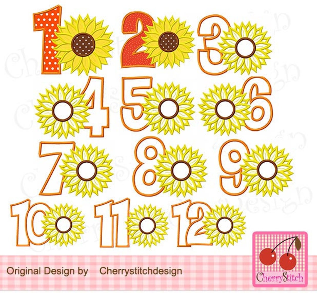 Sunflower Numbers Applique Bundle, Birthday Numbers 1-12 Machine ...