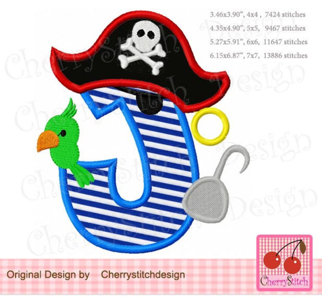 Pirate Letter J Applique: Monogram Embroidery Design (4x4 to 7x7 Hoop ...