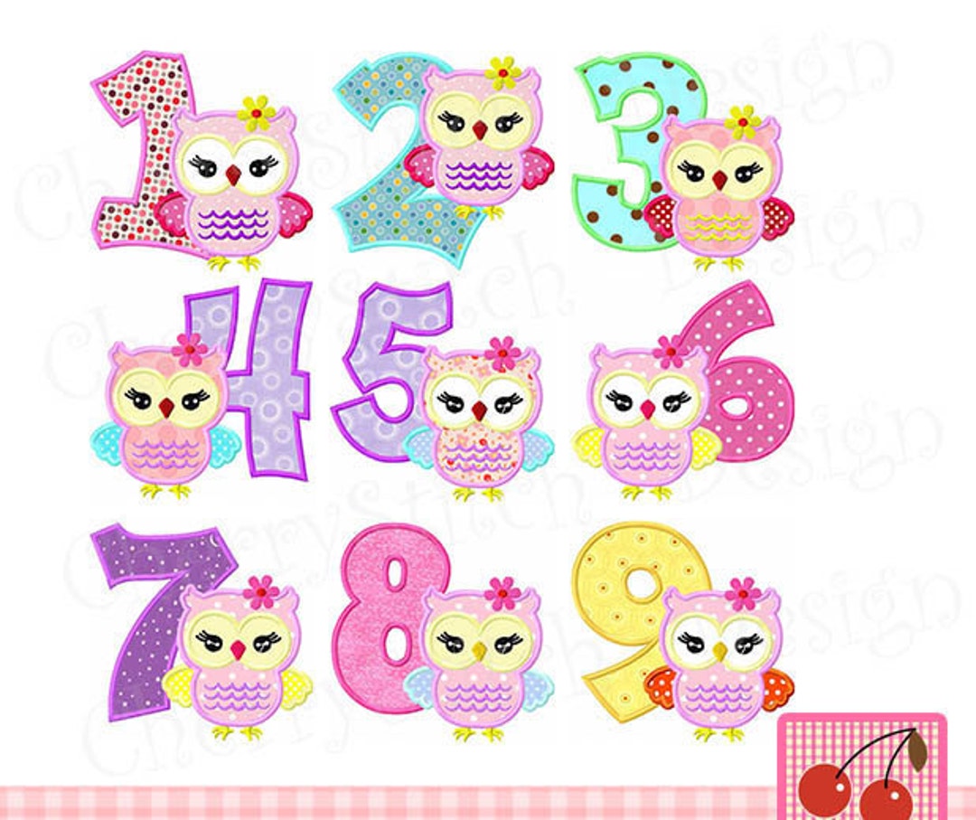 Owl Birthday Numbers Set Machine Embroidery Applique Design- 4x4 5x5 ...