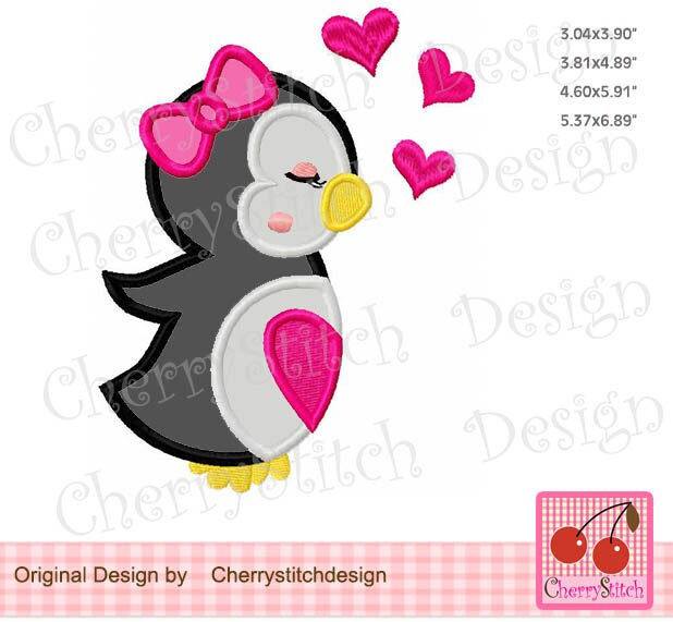 Valentine Penguin girl Valentine's Day Machine Embroidery | Etsy