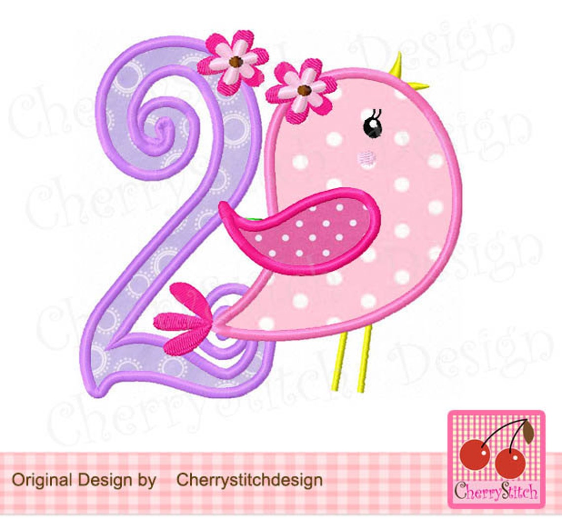 Flower Bird With Birthday Number 2 Digital Embroidery - Etsy