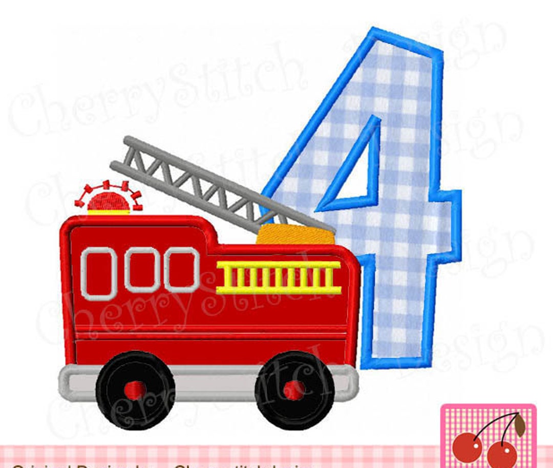 Fire Truck Number 4 Birthday Machine Embroidery Applique Design - Etsy