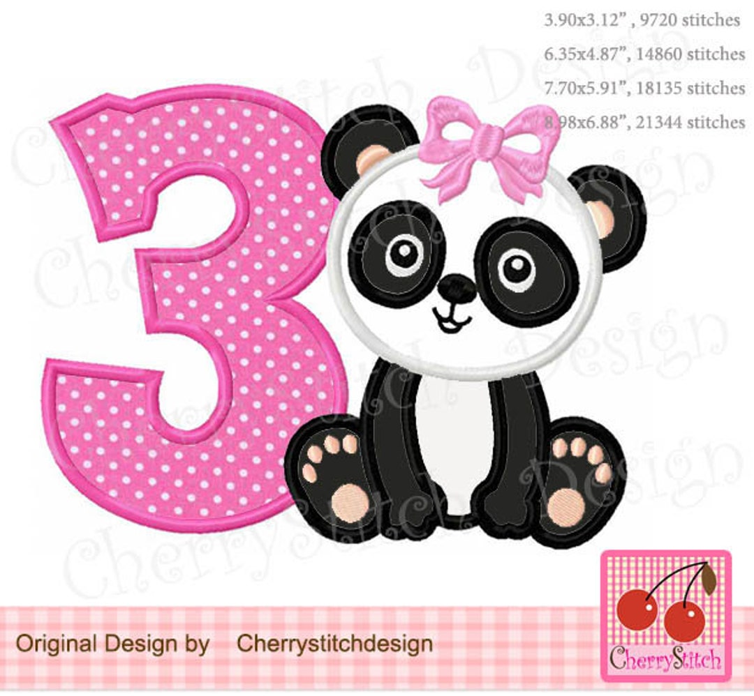 Panda Number 3, Panda Birthday Number 3 Machine Embroidery Applique ...