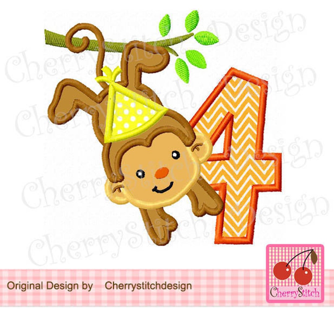 Monkey Number 4 Birthday Embroidery Applique-4x4 5x5 6x6 - Etsy