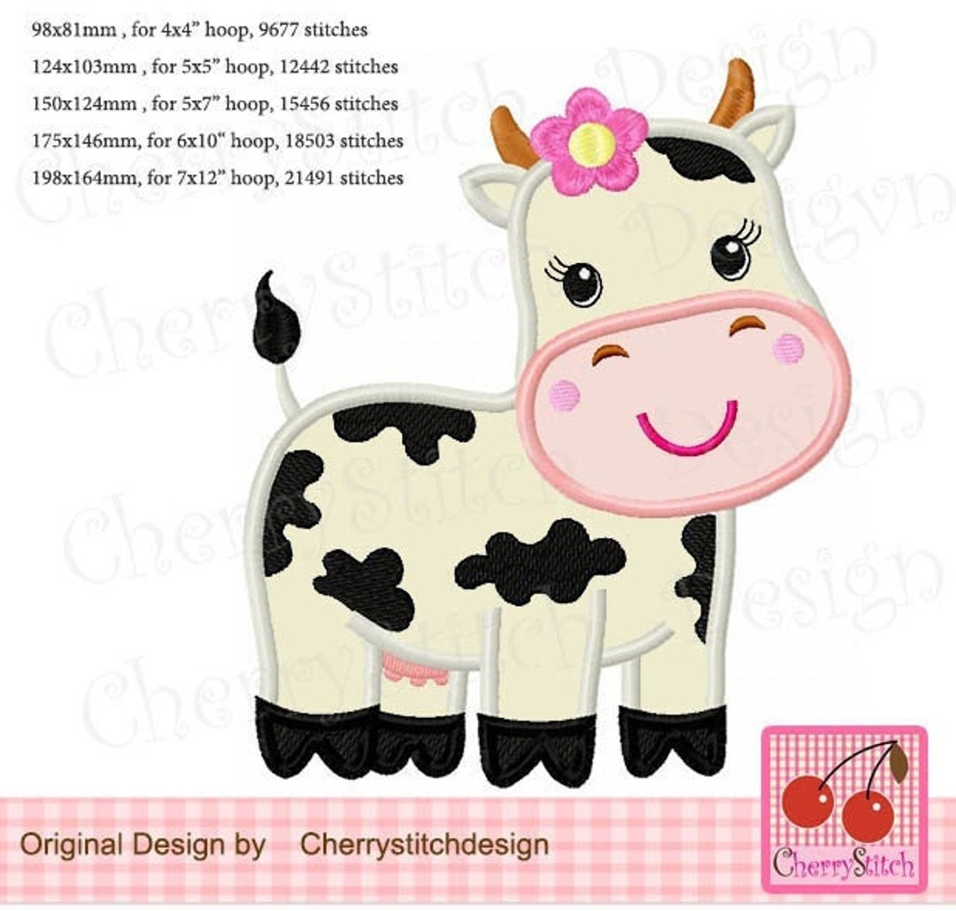 Cow Girly Cow With Flower Farm Animal Machine Embroidery Applique ...