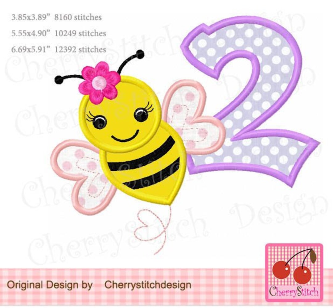 Bumble Bee Number 2, Birthday Number 2 Machine Embroidery Applique ...