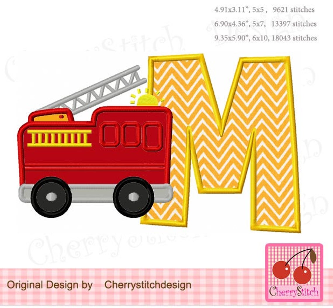 Fire Truck Monogram M Letter M Machine Embroidery Applique - Etsy