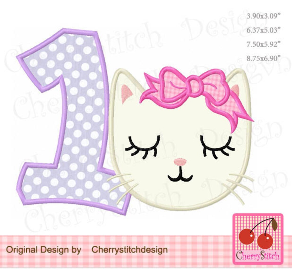 Cat Number 1 Kitty Cat With Bow Machine Embroidery Applique - Etsy