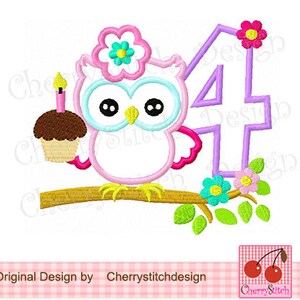 Owl Number 4 Birthday Number 4 Machine Embroidery Applique - Etsy