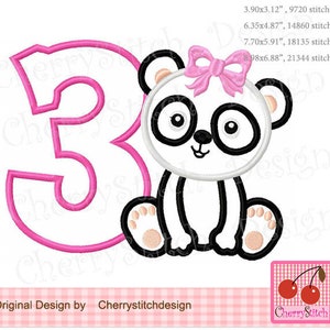 Panda Number 3, Panda Birthday Number 3 Machine Embroidery Applique ...