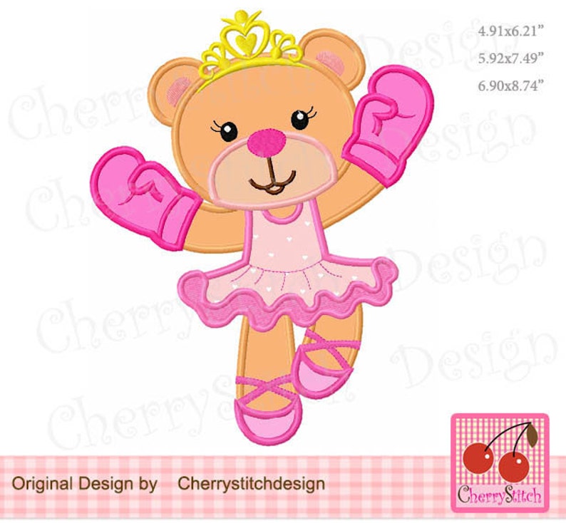 Ballerina Bear With Boxing Gloves Machine Embroidery Applique (5x7 ...