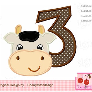 Cow Birthday Number 3 Machine Embroidery Applique 4x4,5x5,6x6 and 7x7 ...