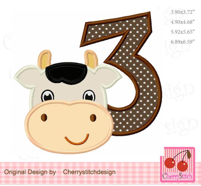 Cow Birthday number 3 machine embroidery applique | Etsy